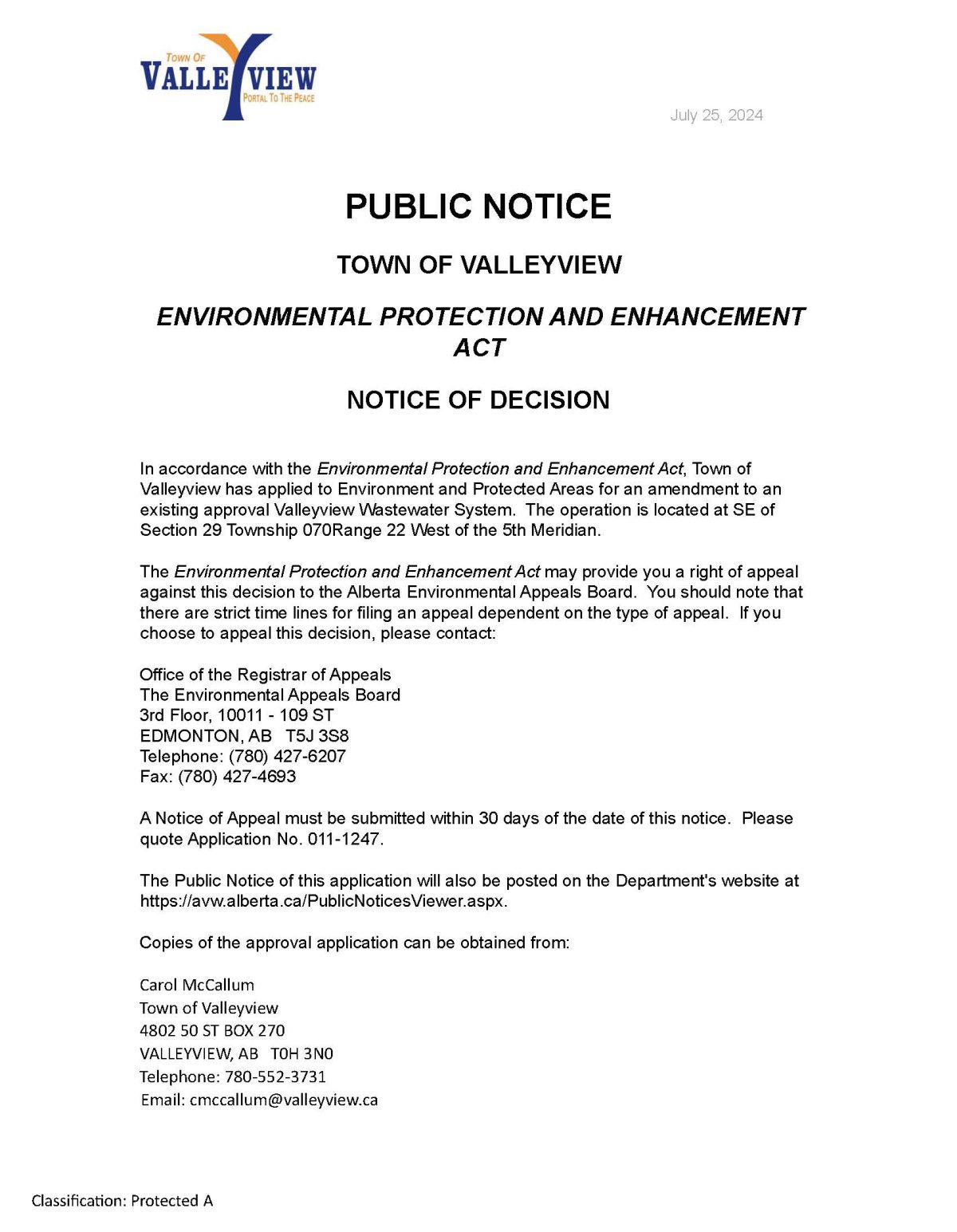 Public Notice - Town of Valleyview Environmental Protection and ...