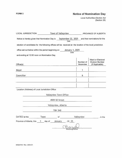 Notice of Nomination Day - Town of Valleyview